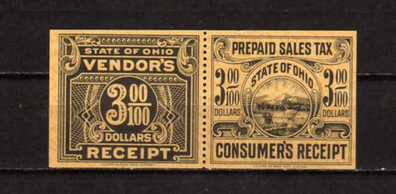 State of Ohio Vendor's Receipts Stamps, Unused & Attached, Prepaid ...