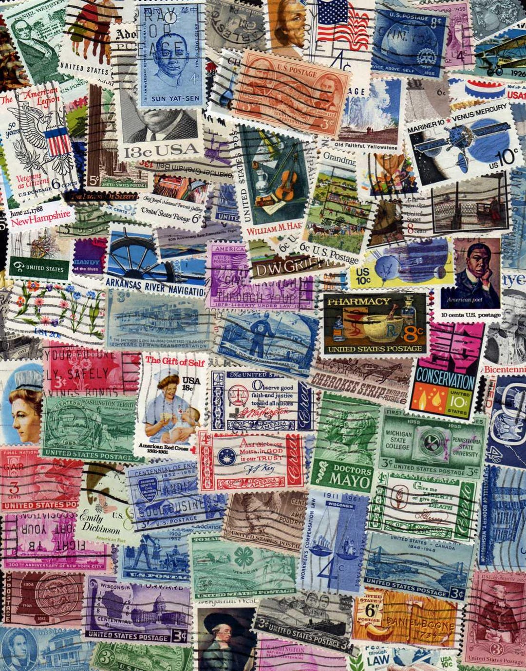 100 Large US Commemorative Stamps, Vintage American United States Used ...
