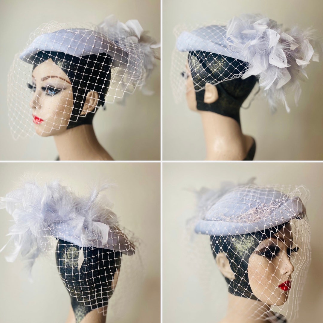 1960s Half Hat, Hat With Feathers, Hat With Vail, Grey Hat, Dusty Blue ...