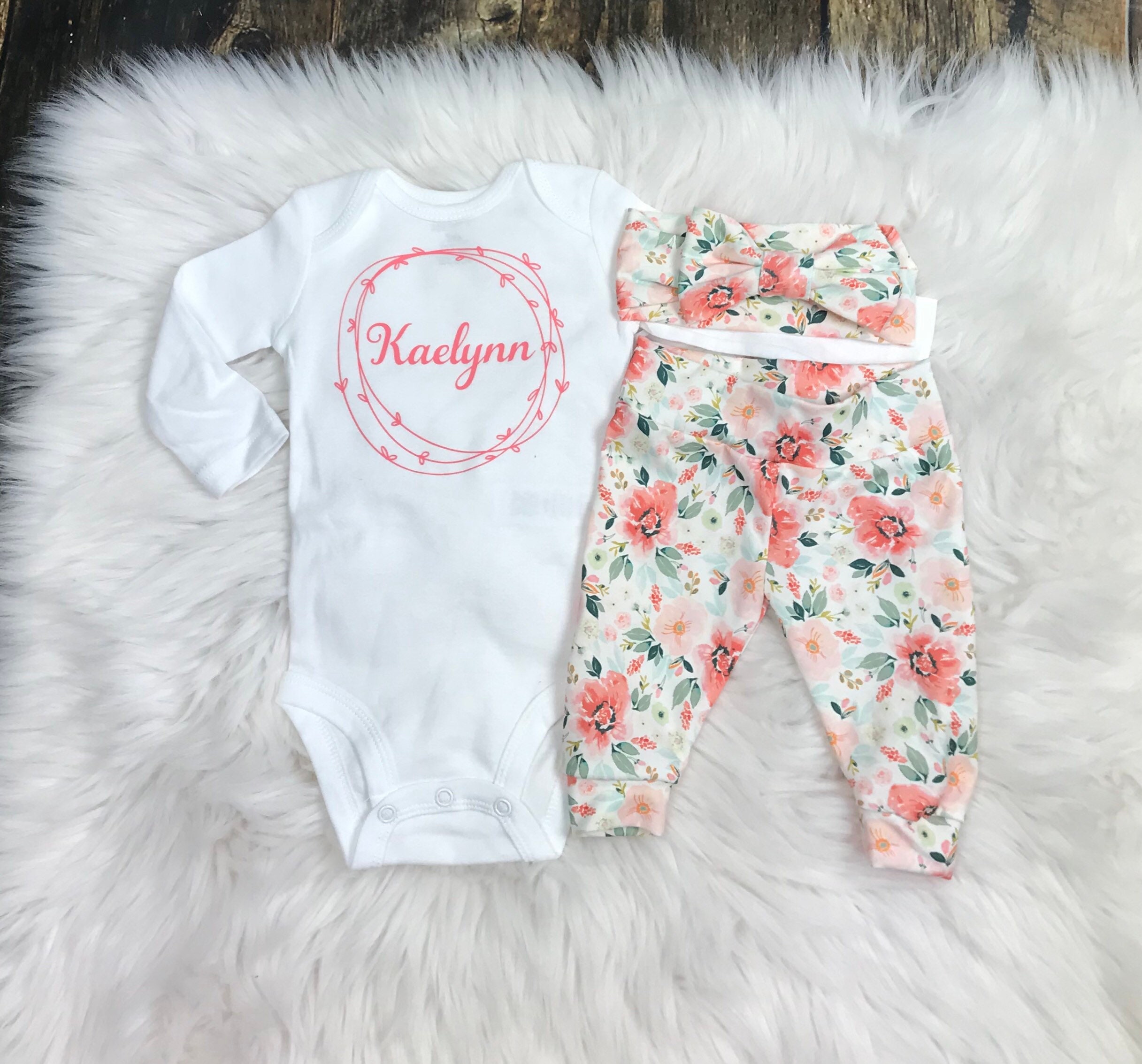 Newborn Girl Outfit in Organic Cotton Floral, Personalized Baby Girl ...