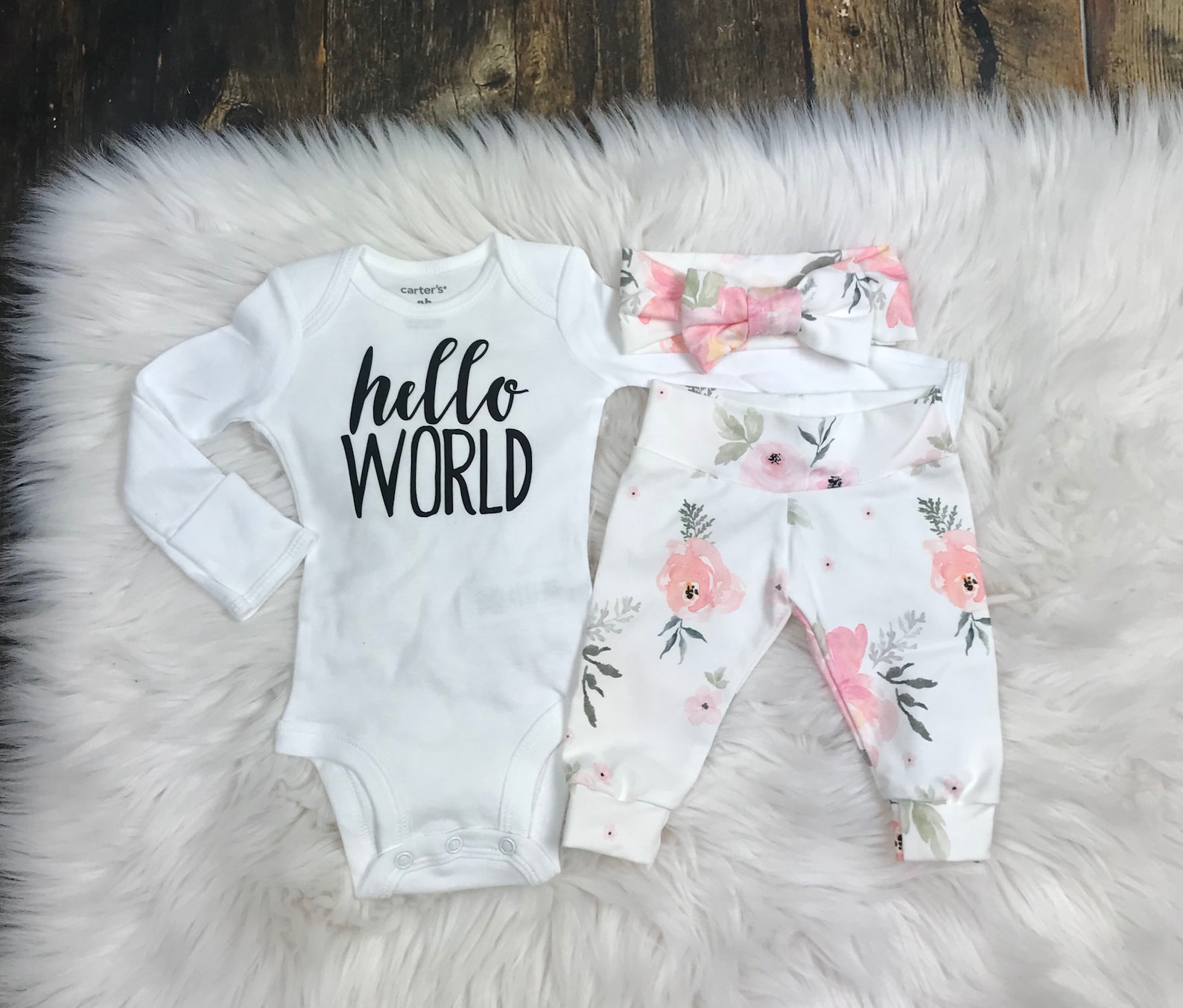 Coming home outfit newborn baby hello world pink watercolor | Etsy