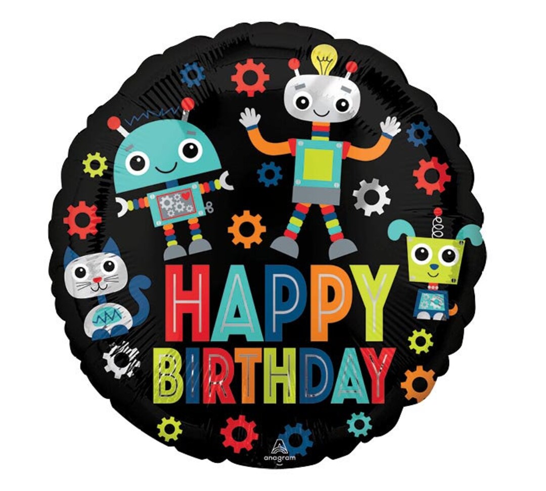 TWO Robot Happy Birthday 18" Foil Balloons, Cogwheels, Gears, Bot Party ...