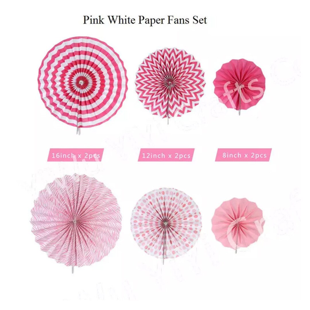 Set of SIX Light Pink and White and Rose Pink Paper Fans, Hanging Decor ...