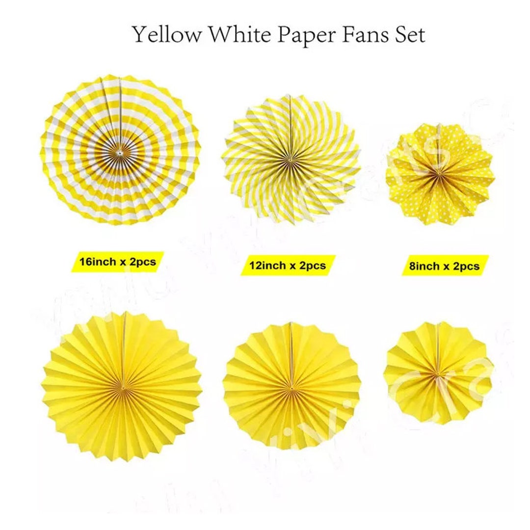 Set of SIX Yellow and White Paper Fans, Hanging Decor, Event ...