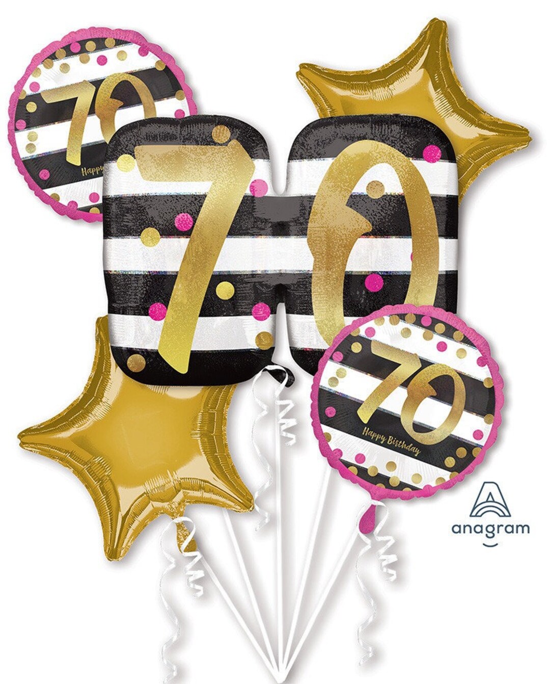 Set of FIVE Foil Balloons, 70th Birthday, Gold Shimmer, Confetti, Black ...