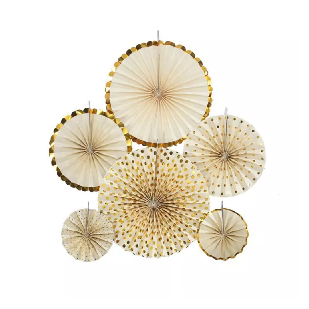 Set of SIX Ivory With Gold Trim Paper Fans, Hanging Decor, Event ...