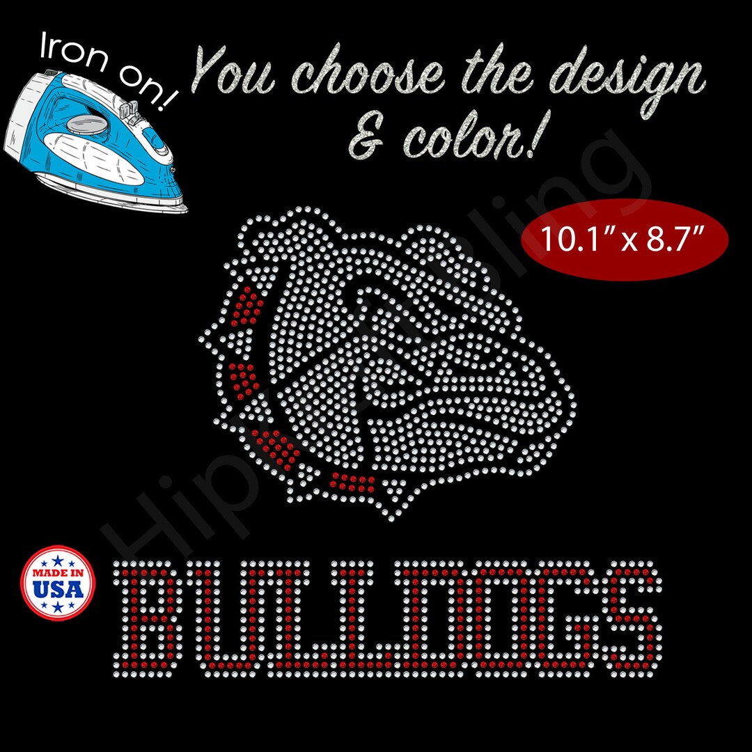 Bulldog Head W/ BULLDOGS Rhinestone Bling Iron-on Heat Transfer Iron-on ...