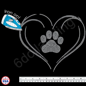 Dog Paw in Heart Rhinestone Iron-on Crystal Bling Transfer Hot Fix ...