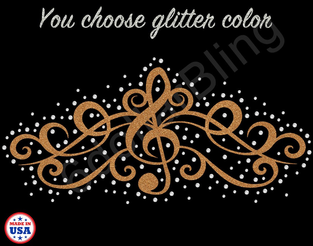 Treble Clef Fancy Rhinestone Iron-on Glitter + Crystal Bling Transfer ...