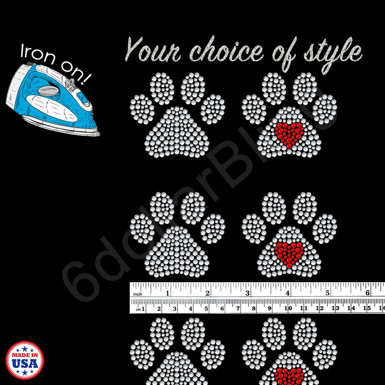 Small Rhinestone Dog Paws Iron on Transfer Bling - You Choose Style ...