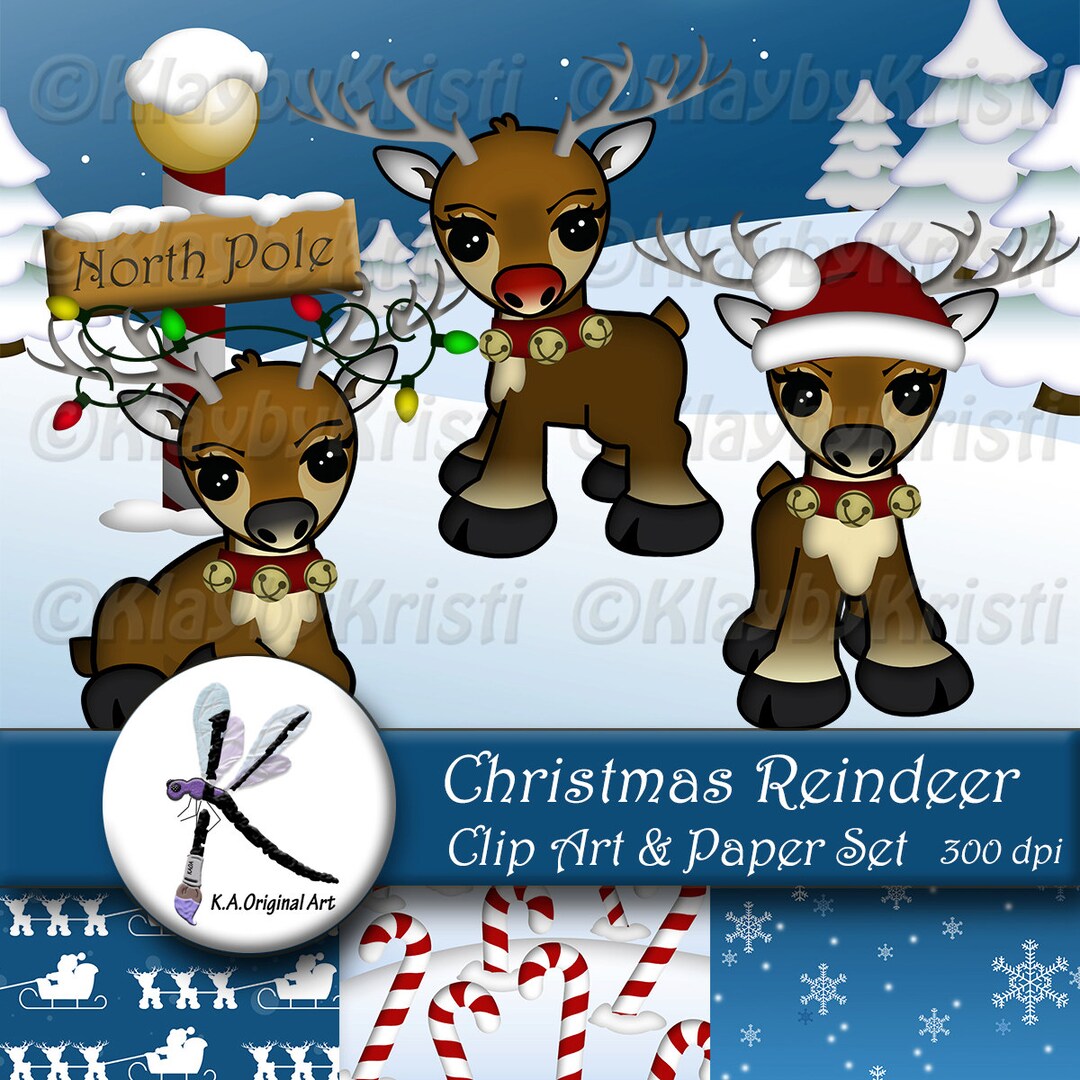 Digital Printable Christmas Reindeer Clip Art & Paper Pack Set -INSTANT ...