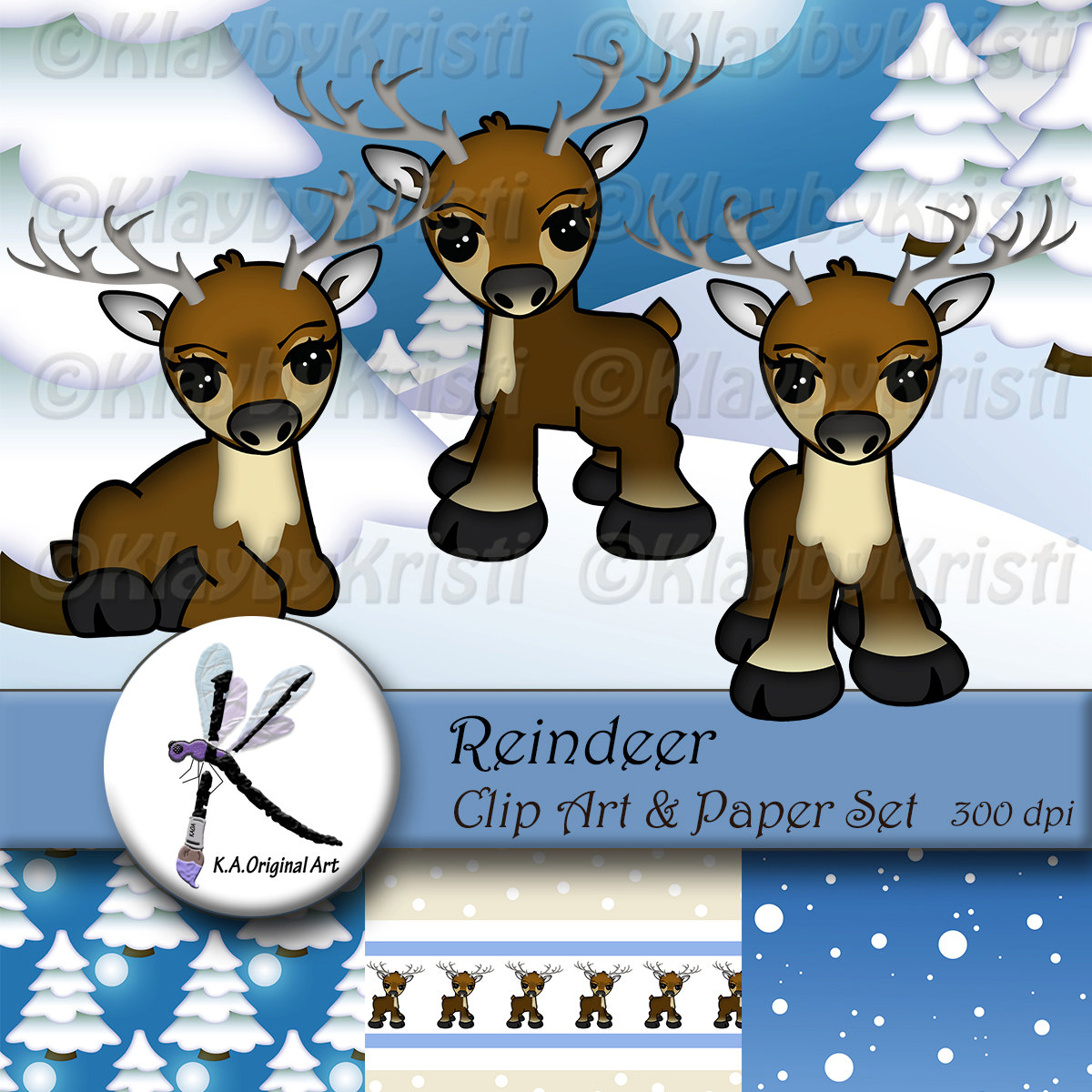 Digital Printable Reindeer Clip Art & Paper Pack Set -INSTANT DOWNLOAD ...