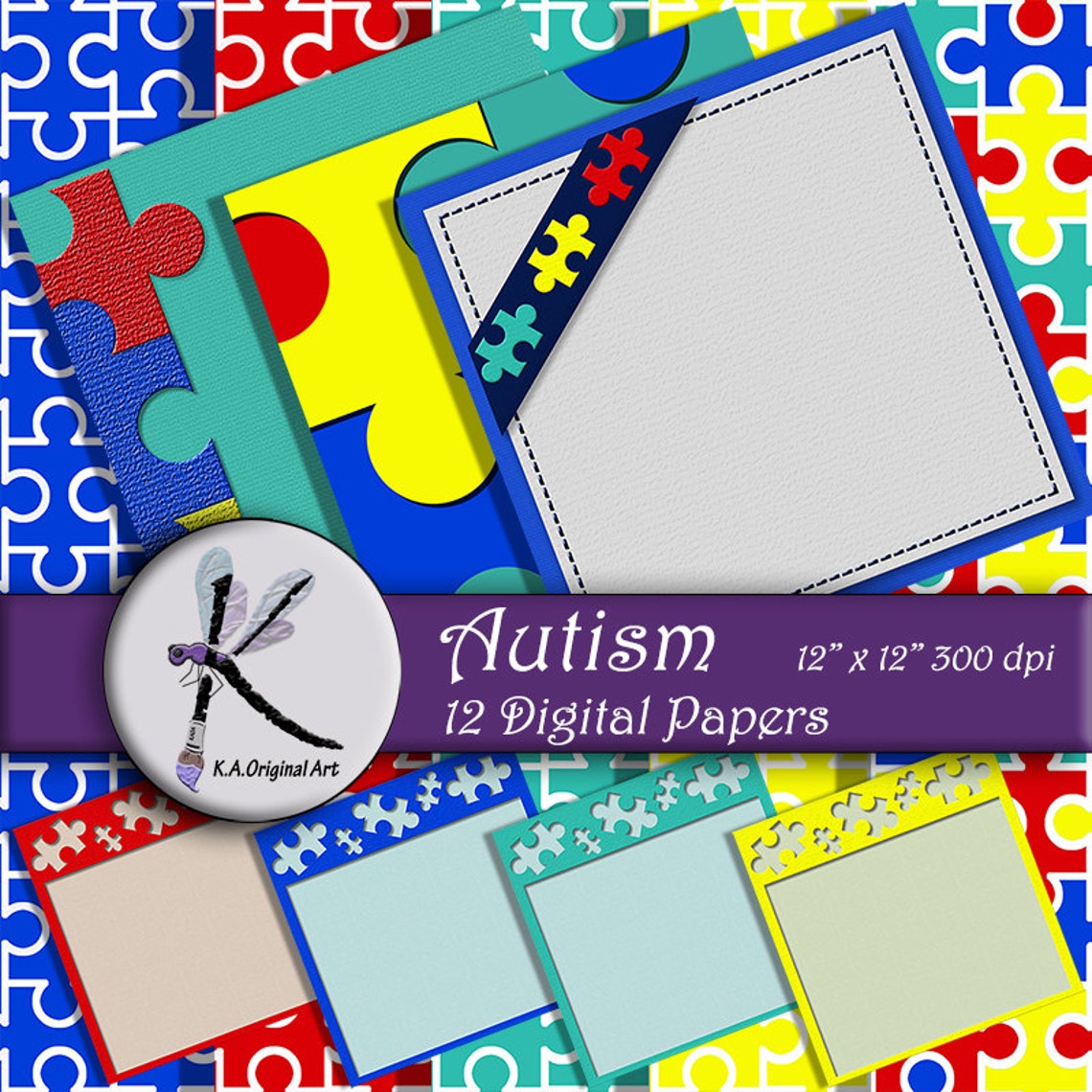 Autism Digital Printable Paper Pack -INSTANT DOWNLOAD- Puzzle Piece ...
