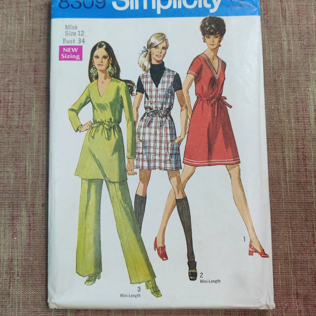 Simplicity 8309 A-line Dress, Wide Leg Pants V-neck Tunic Jumper Vintage Fashion Sewing Pattern ...