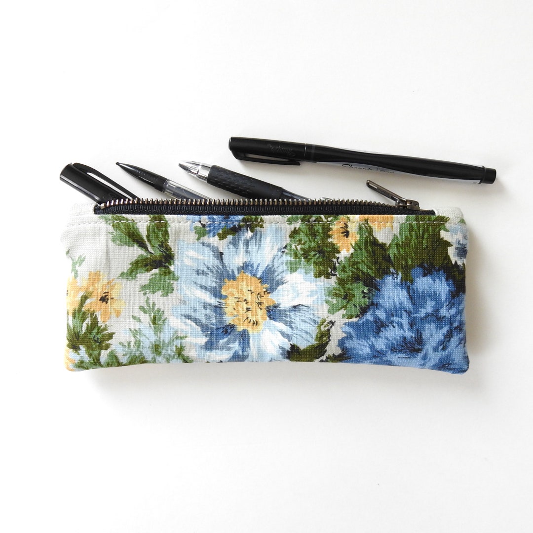 Floral Pencil Case, Blue Yellow Vintage Fabric - Etsy