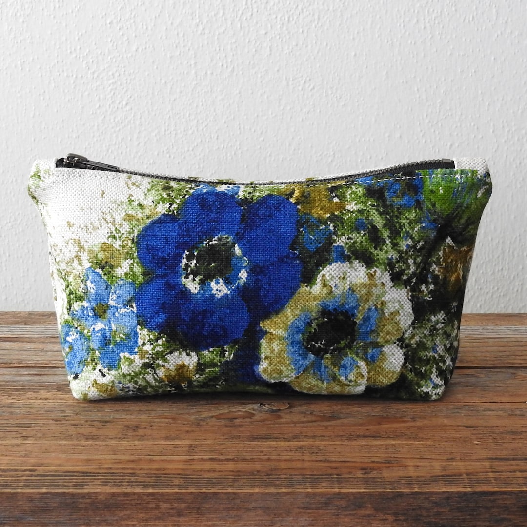 Blue Floral Cosmetic Bag, Toiletry Pouch, Vintage Fabric - Etsy