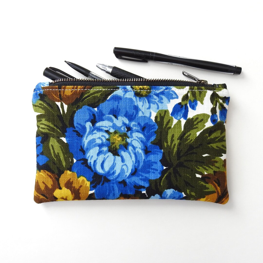 Blue Floral Pencil Case, Medium Zipper Pouch, Vintage Fabric - Etsy