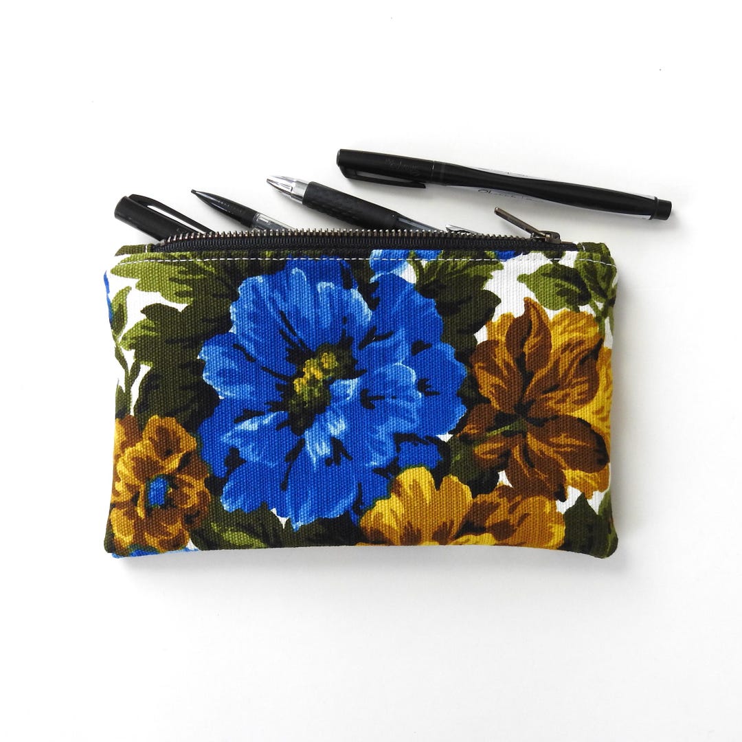 Blue Floral Pencil Case, Medium Zipper Pouch, Vintage Fabric - Etsy