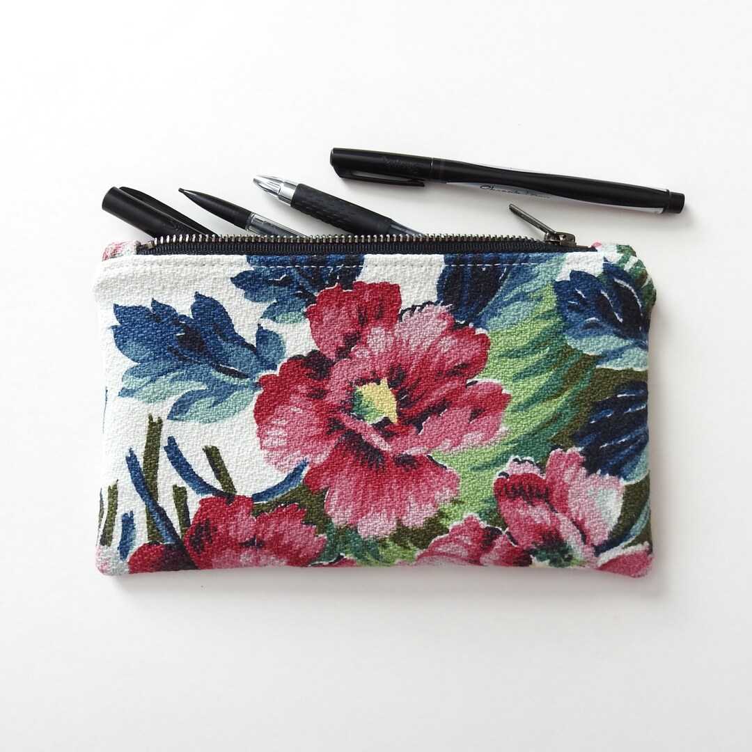 Pink Floral Pencil Case, Medium Zipper Pouch, Vintage Fabric - Etsy