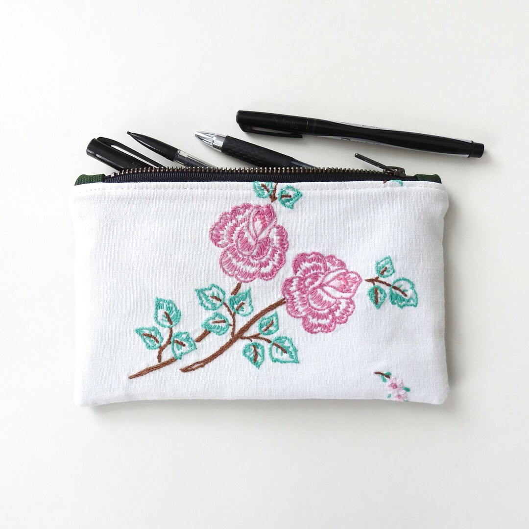 Vintage Embroidery Pencil Case, Medium Zipper Pouch, Rose - Etsy