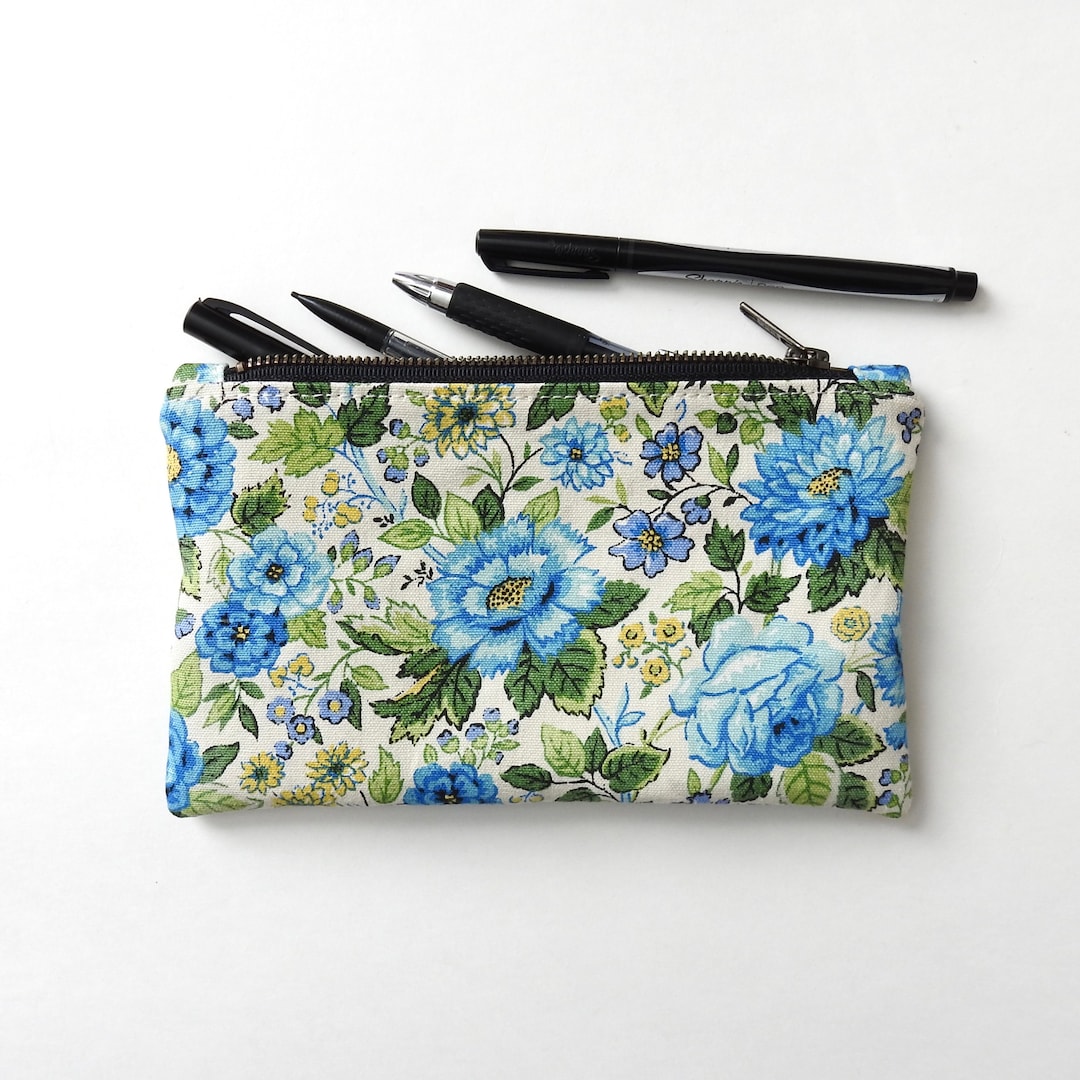 1950s Blue Floral Pencil Case, Medium Zipper Pouch, Vintage Canvas ...