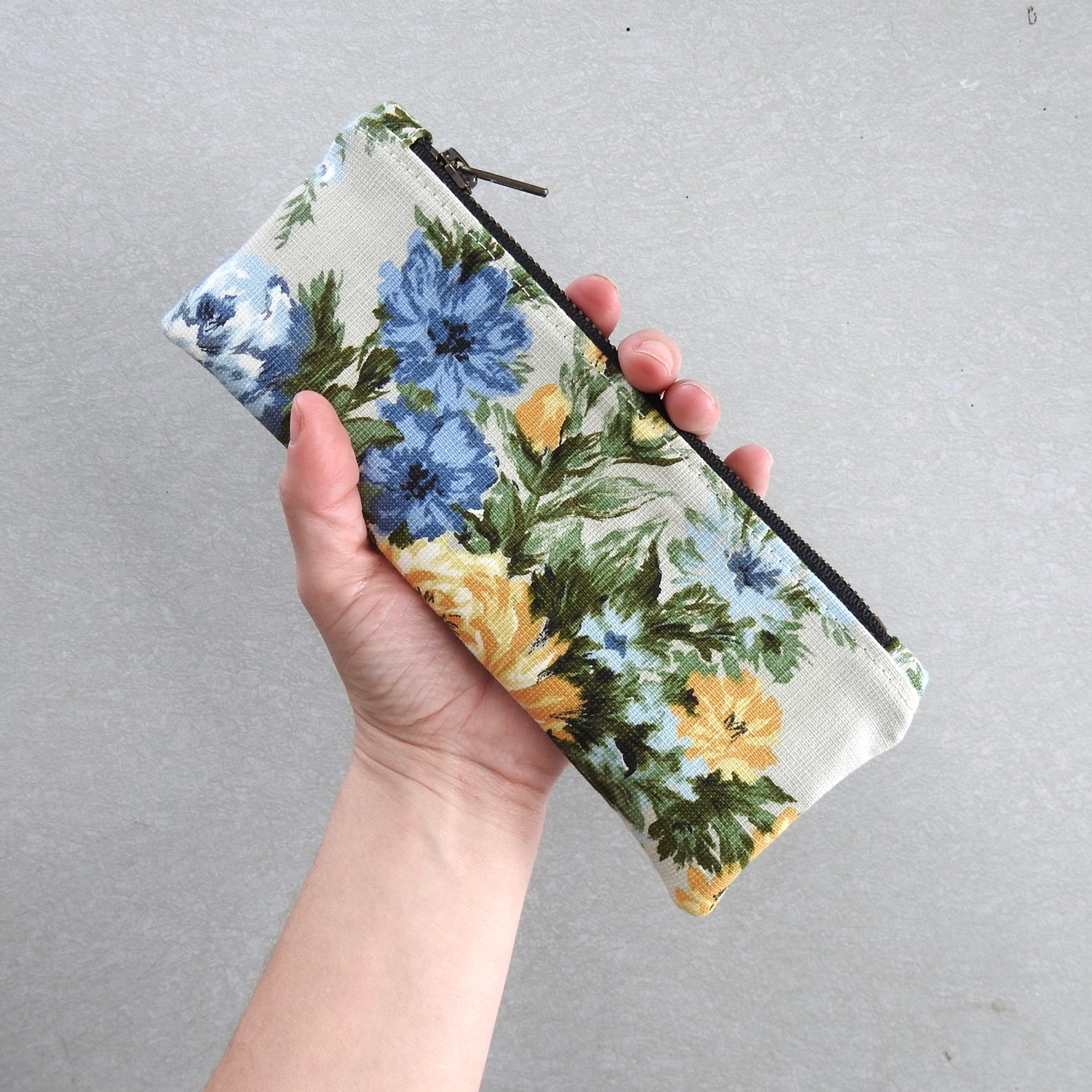 Floral Pencil Case Blue Yellow Vintage Fabric - Etsy