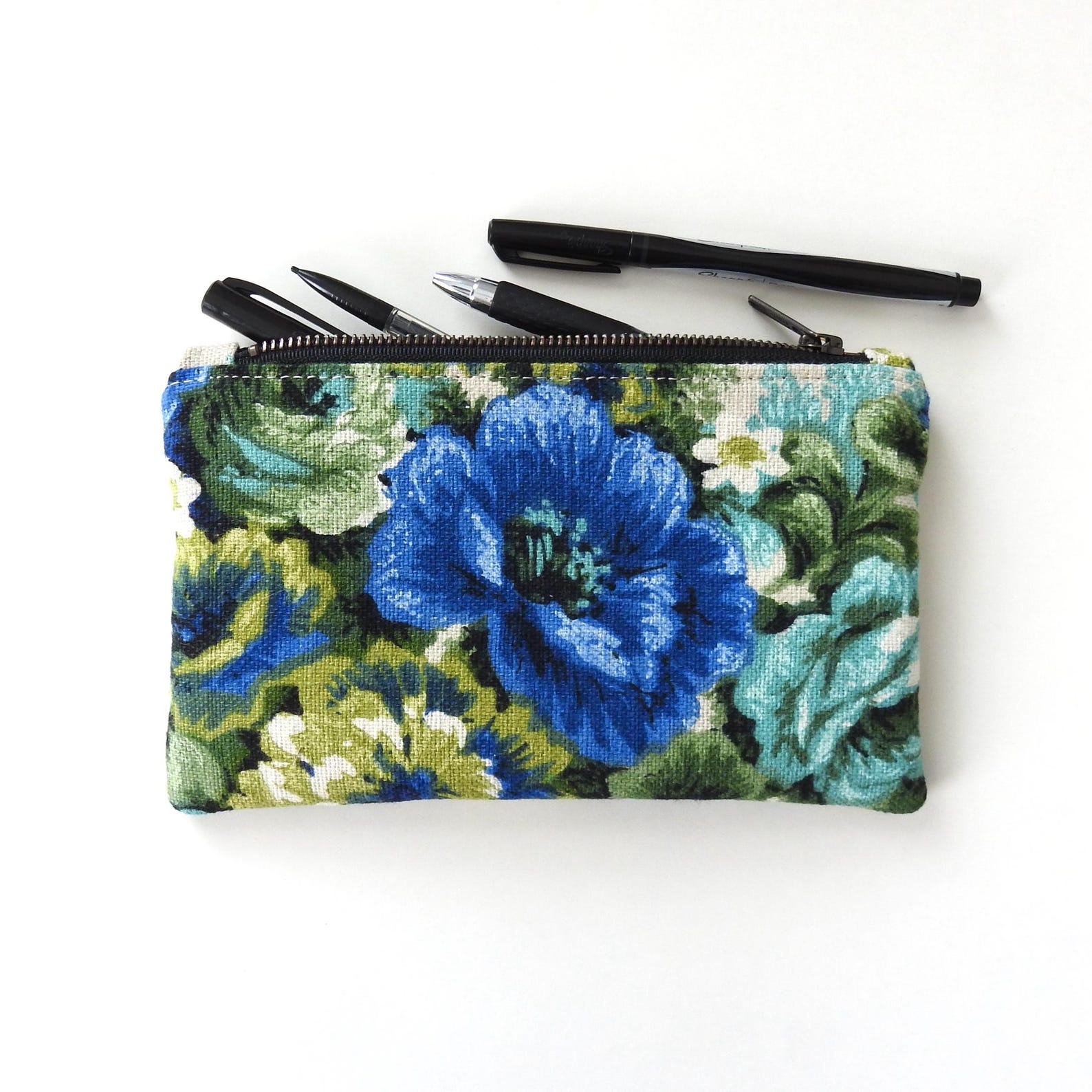 Blue Floral Pencil Case, Medium Zipper Pouch, Vintage Fabric - Etsy