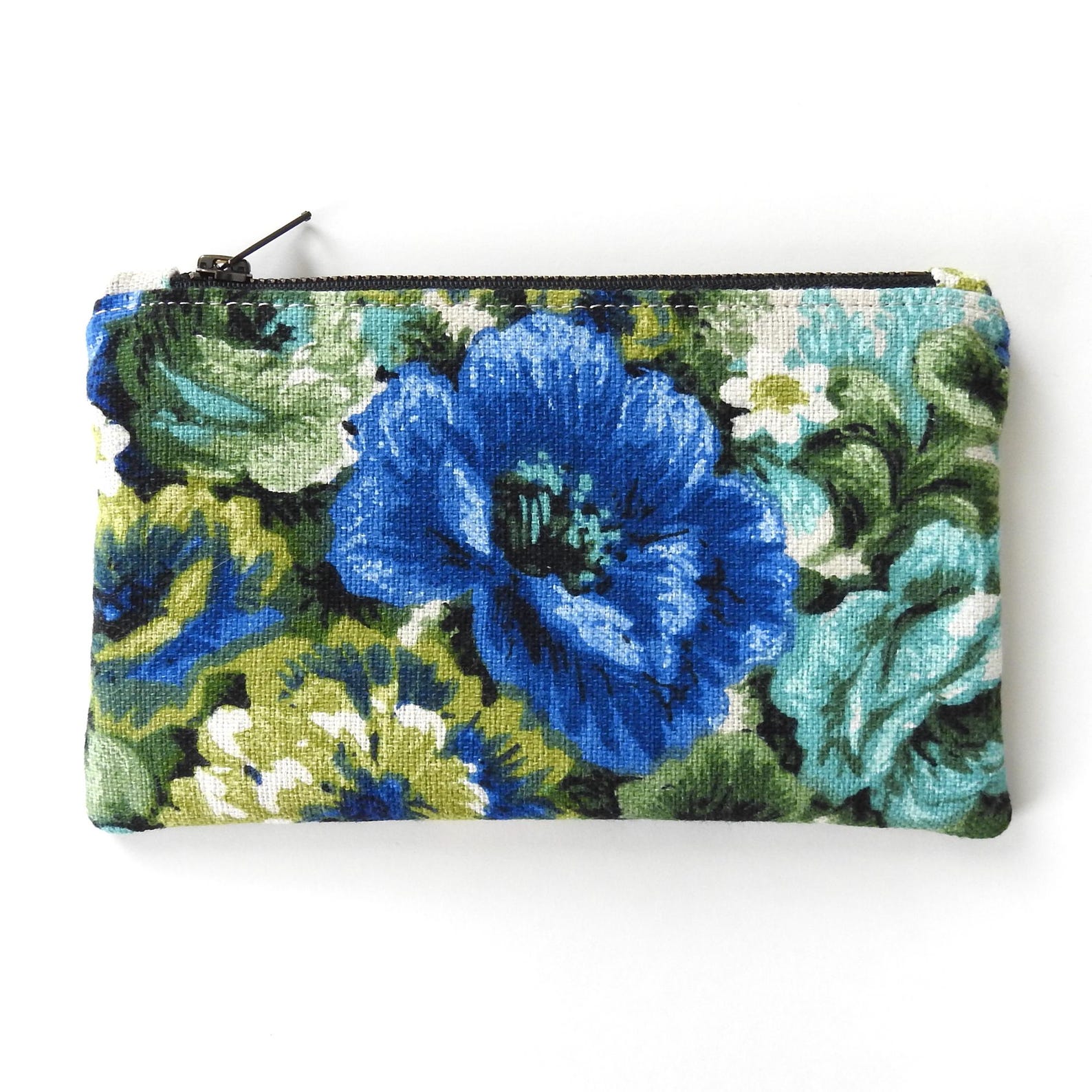Blue Floral Pencil Case, Medium Zipper Pouch, Vintage Fabric - Etsy