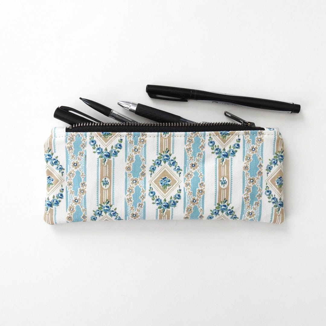 Blue Floral Pencil Case, Zipper Pouch, Vintage Ticking Fabric - Etsy