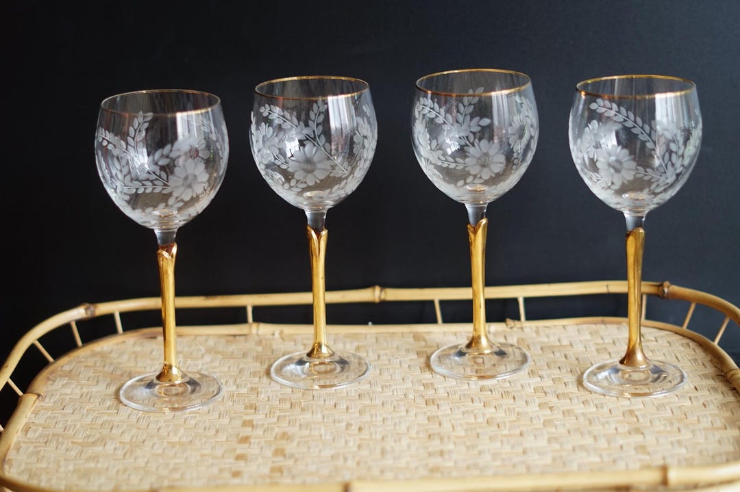 Bohemian Etched Floral Gold Stem Wine Crystal Glasses Set of 4 / Etched ...