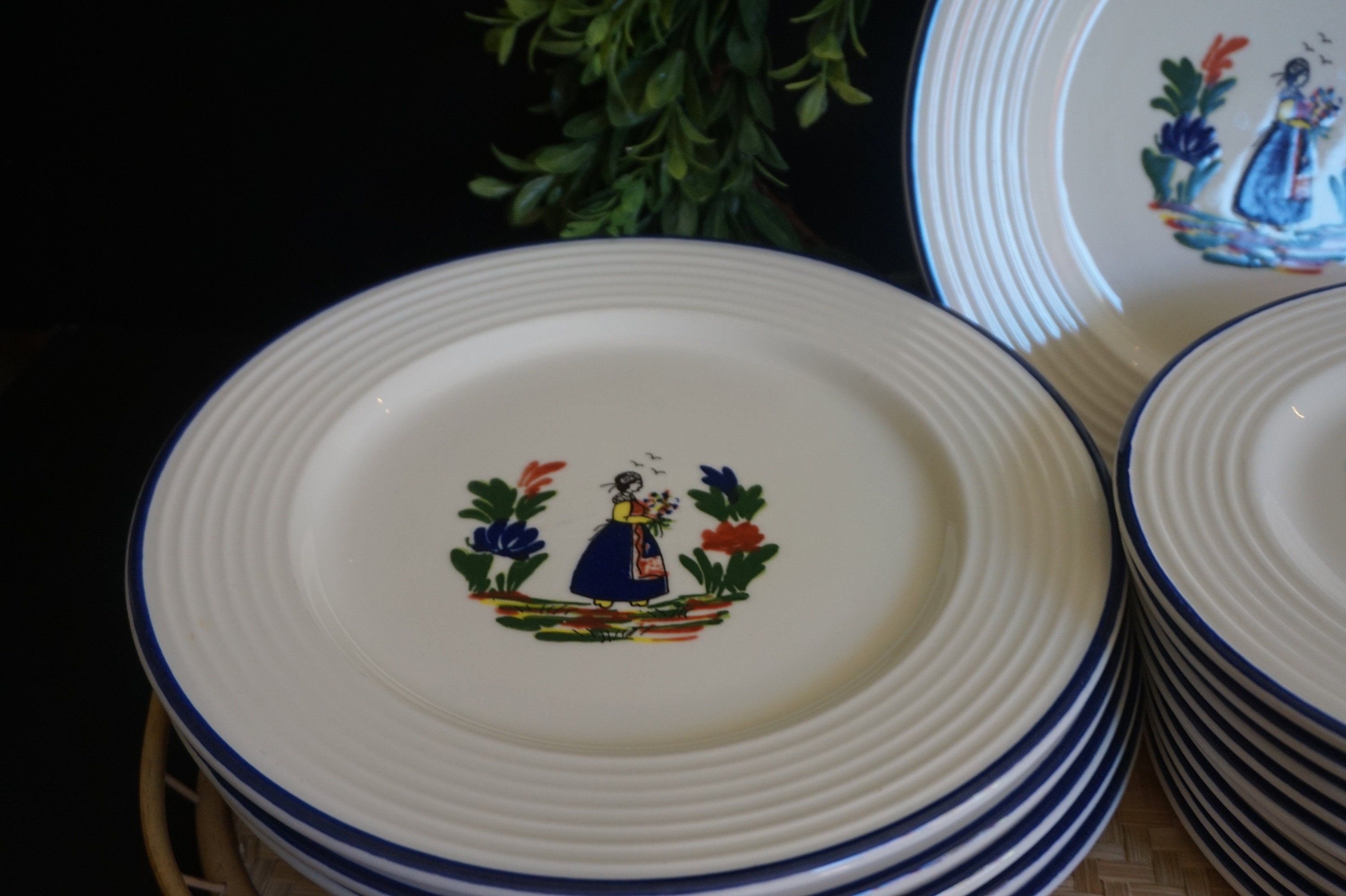 Vintage Varages Faience Peasant Woman Salad Plates Set of 9 / France ...