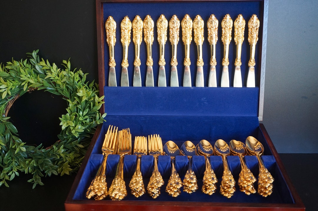 Godinger Baroque Gold Plated 75 Piece Flatware Set With Wood Case - Etsy