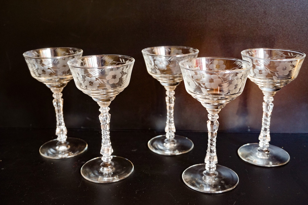 Vintage Libby Rock Sharpe Gray Floral Cut Crystal Champagne Glasses Set ...