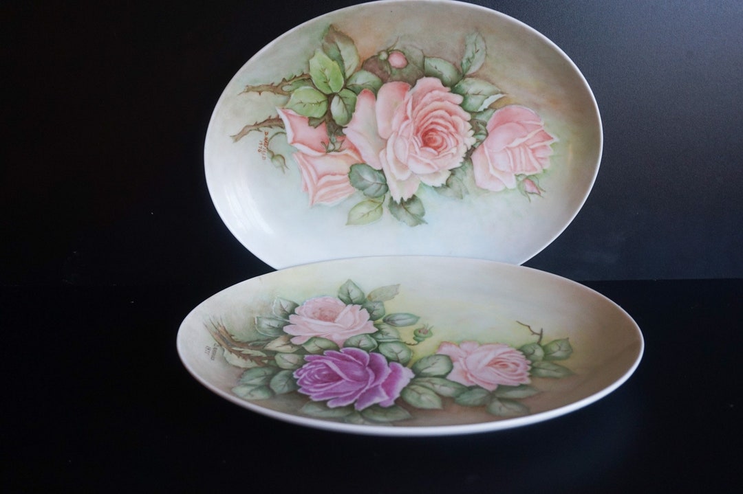 Vintage Hand Painted Decorative Oval Rose Plates-botanical Plates-gift ...
