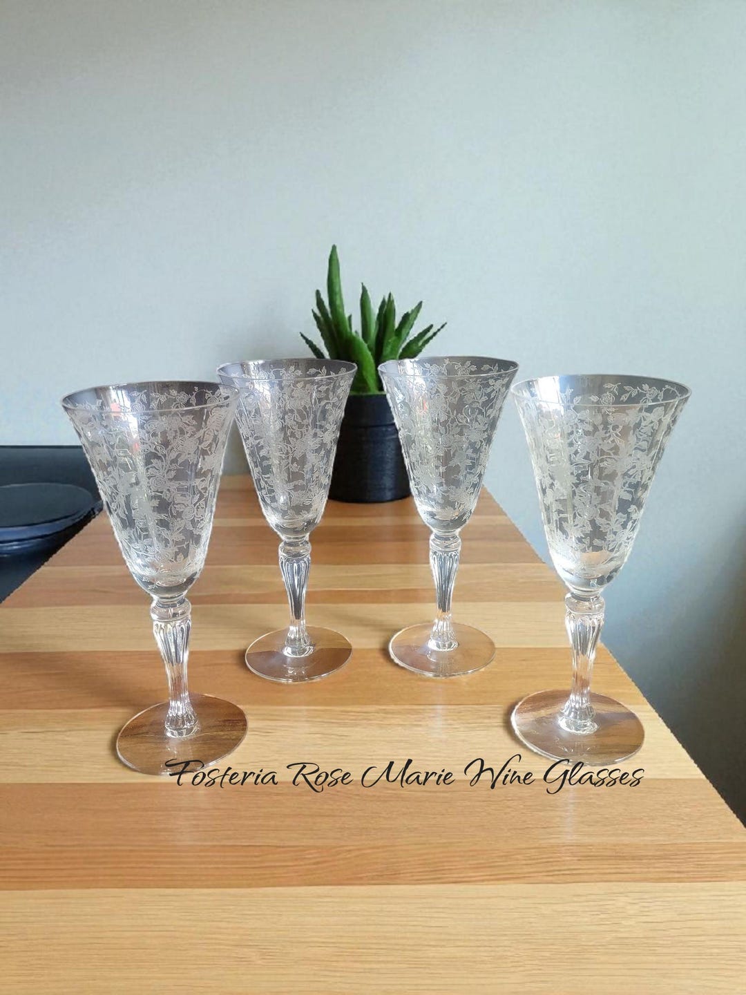 Vintage Fostoria Rose Marie Wine Glasses - Set of 4 Etched Crystal ...