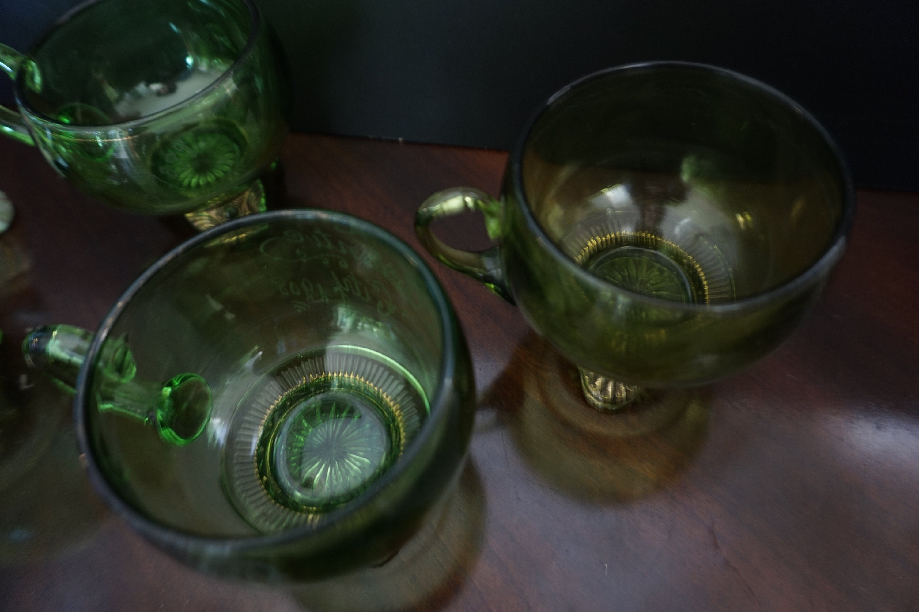 Kitchen & Dining Set of Five Green Glass Footed Embossed Fair Cups ...
