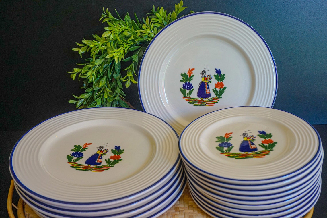 Vintage Varages Faience Peasant Woman Salad Plates Set of 9 / France ...