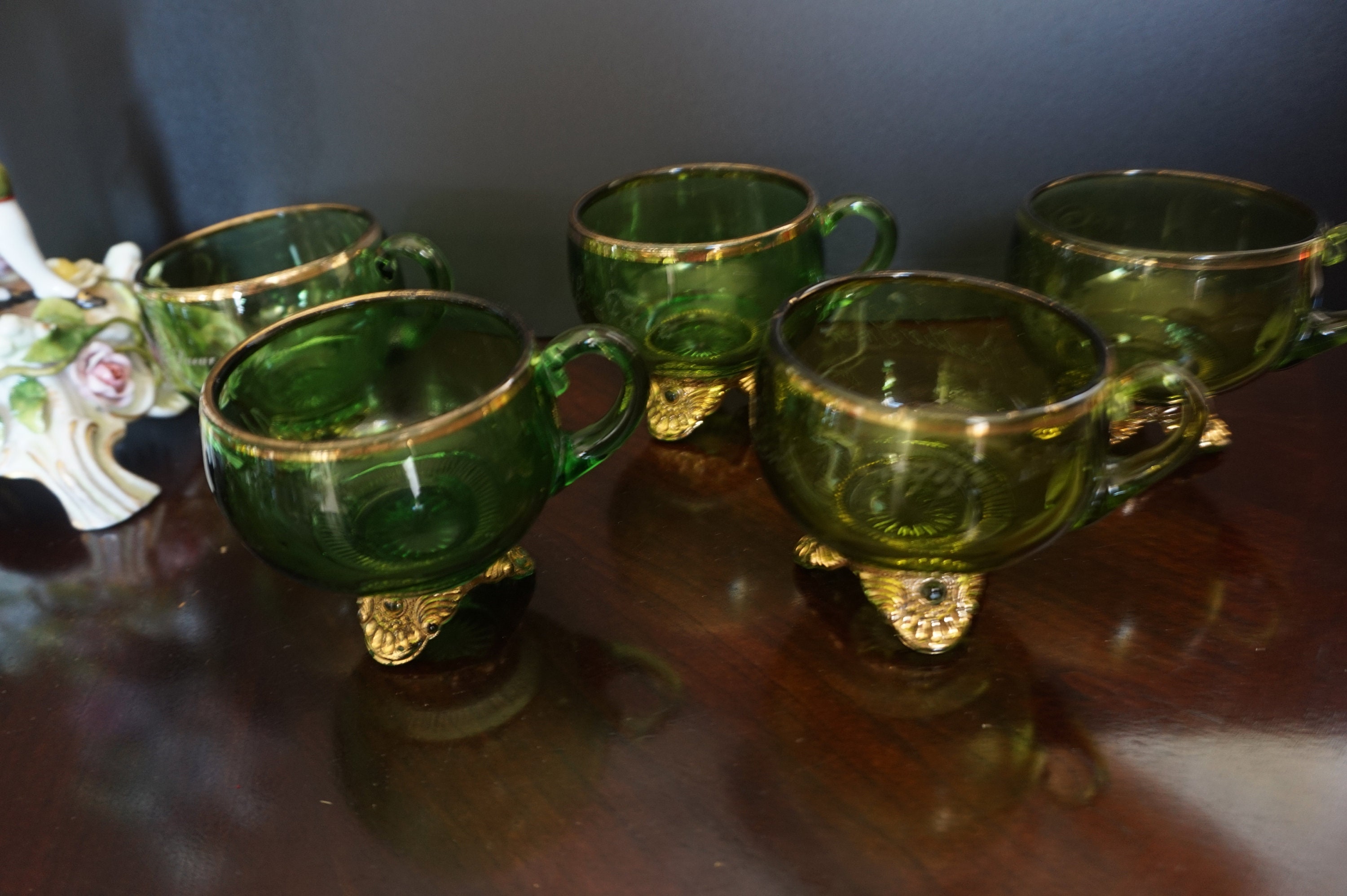 Kitchen & Dining Set of Five Green Glass Footed Embossed Fair Cups ...