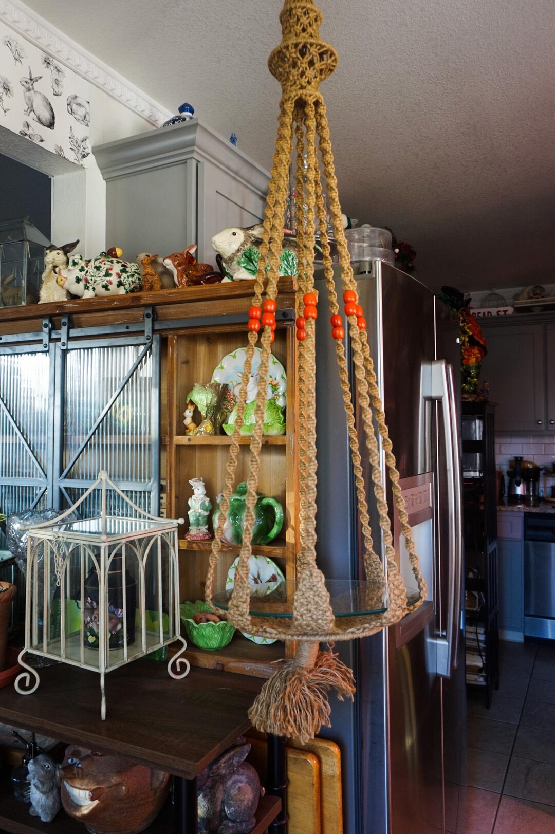 Vintage Macrame Table With Glass Insert and Orange Wood Beads - Etsy
