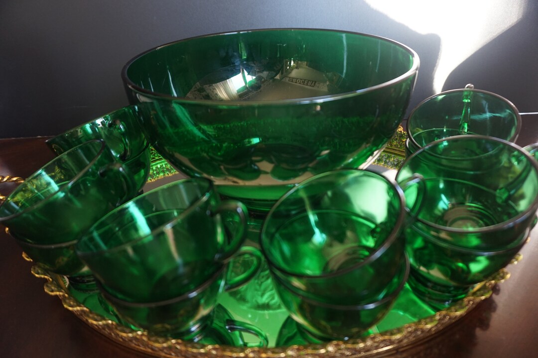 Gorgeous Anchor Hocking Emerald Green Punch Bowl With 12 Cups - Etsy