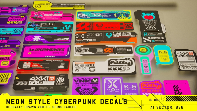 Digital - Neon Cyberpunk Vector Decals Vol 5 - Etsy