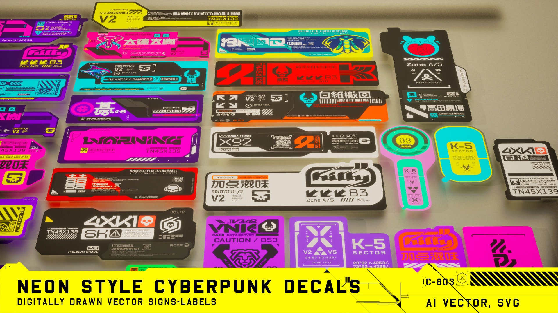Digital - Neon Cyberpunk Vector Decals Vol 5 - Etsy