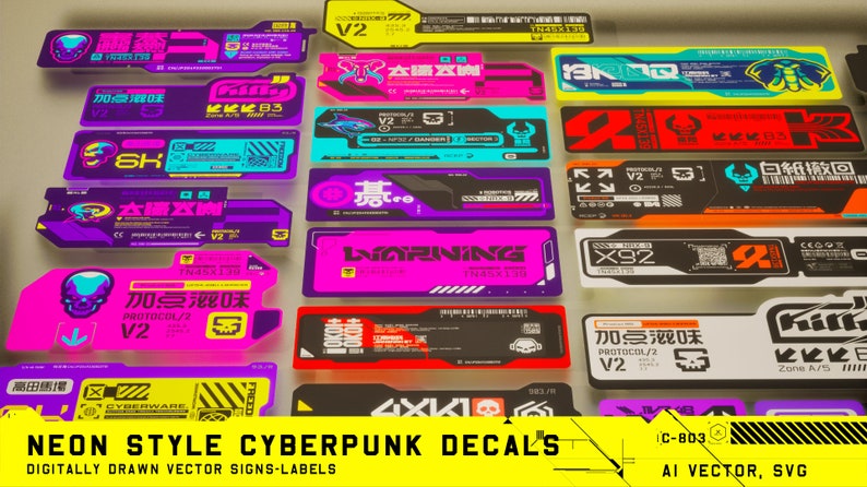 Digital - Neon Cyberpunk Vector Decals Vol 5 - Etsy
