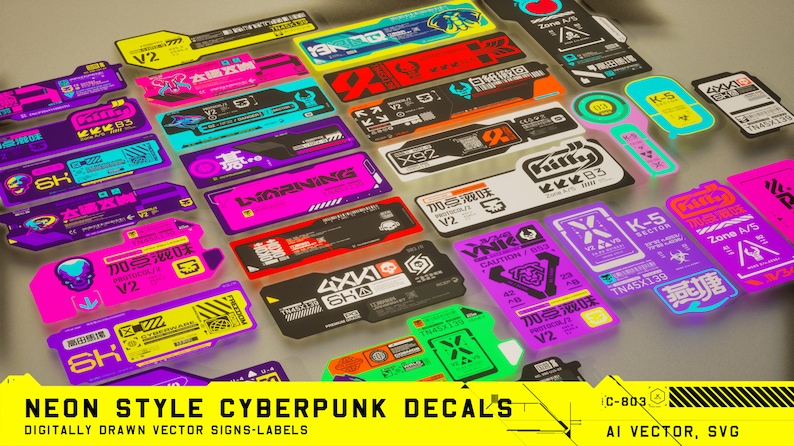 Digital - Neon Cyberpunk Vector Decals Vol 5 - Etsy