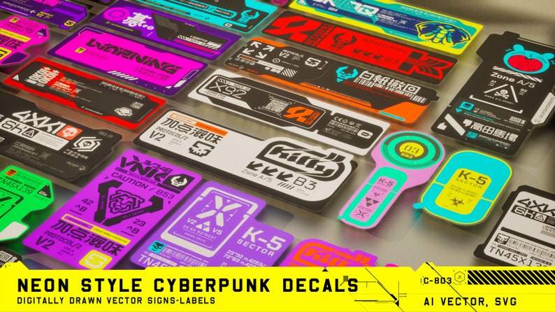 Digital - Neon Cyberpunk Vector Decals Vol 5 - Etsy