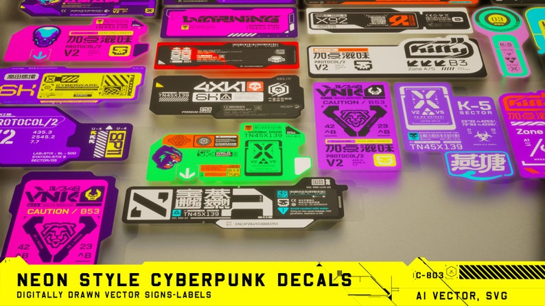 Digital - Neon Cyberpunk Vector Decals Vol 5 - Etsy
