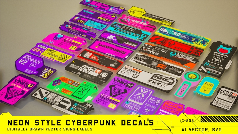 Digital - Neon Cyberpunk Vector Decals Vol 5 - Etsy