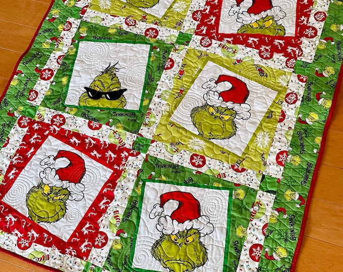 Six Faces of Grinch Christmas Seuss Quilt Grinch Wall Hanging Wheelchair Quilt Personalize Baby ...