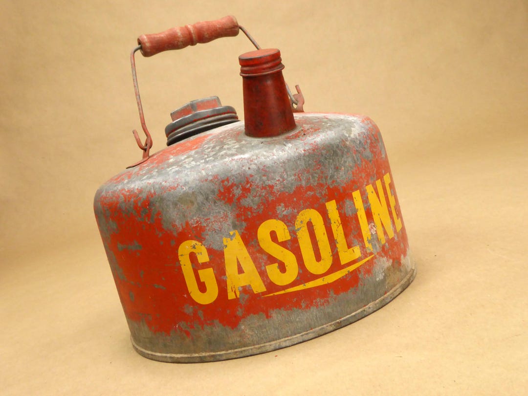 Vintage Galvanized Gas Can - Bold GASOLINE Graphics - Industrial ...