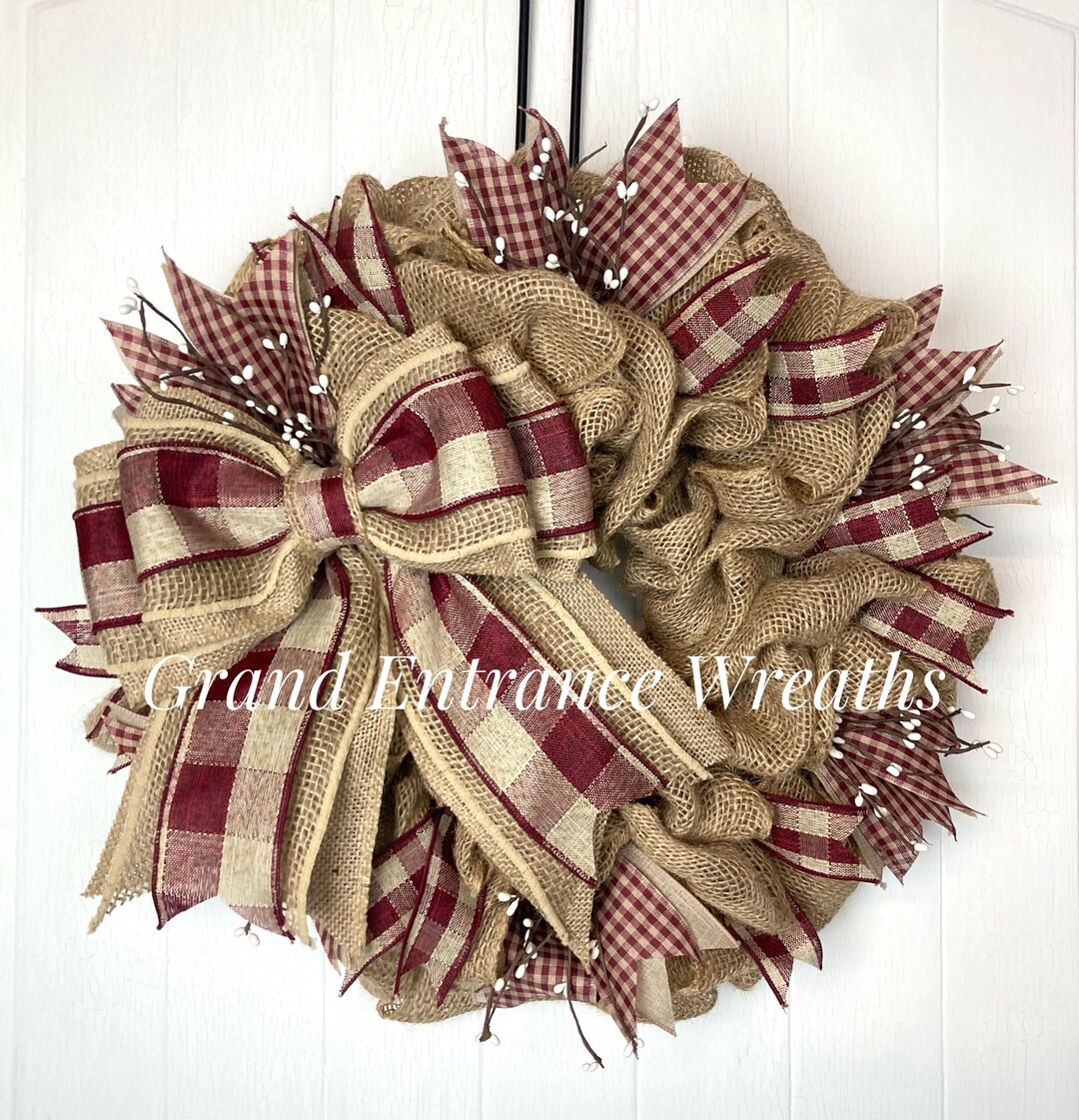 Burlap Wreath: Rustic Farmhouse Decor With Burgundy Check Ribbon - Etsy